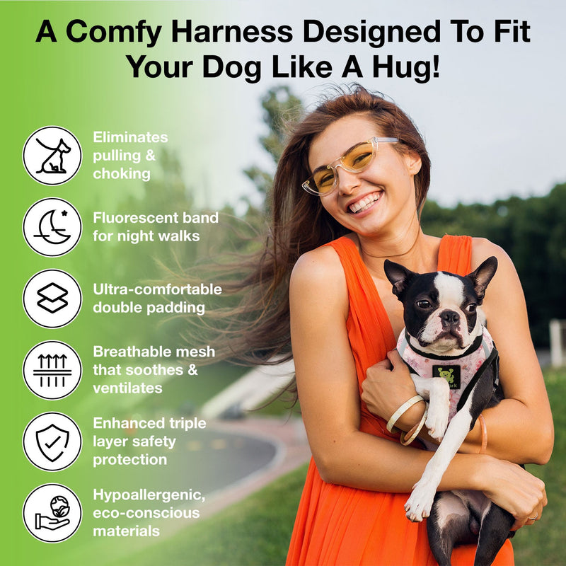 EcoBark French Floral Step In Dog Harness - Reflective Soft Mesh Harne ...
