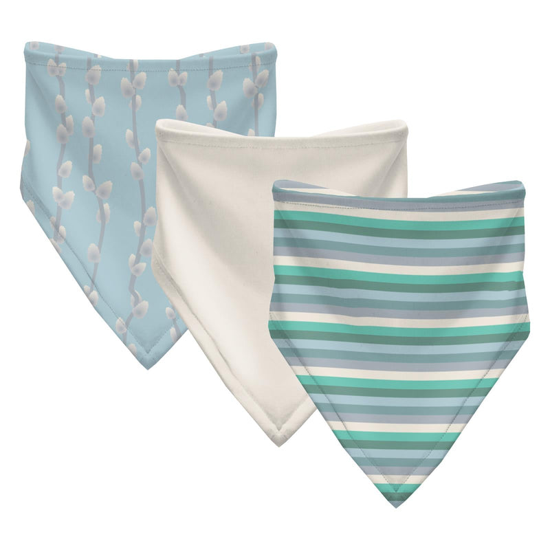 Print Bandana Bib Set of 3 in Spring Sky Pussy Willows, Natural and Ap ...